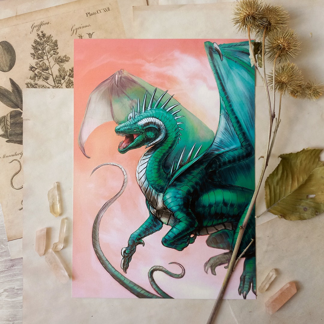 Emerald Dragon Art Print - Flying Dragon Artwork - Green Dragon Room ...