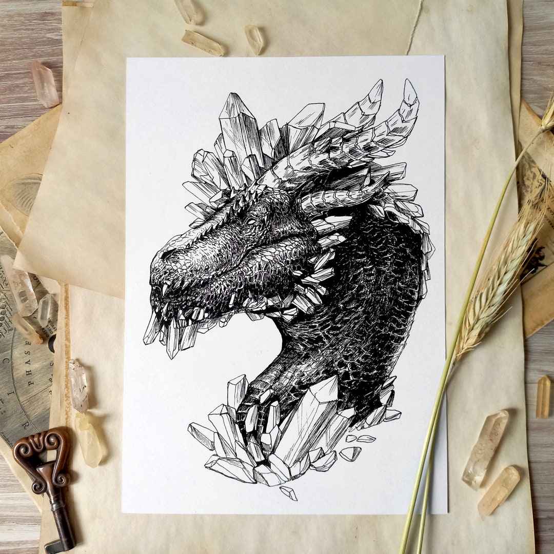 Magic Crystal Dragon Art Print - Crystal Dragon Head Ink Drawing ...