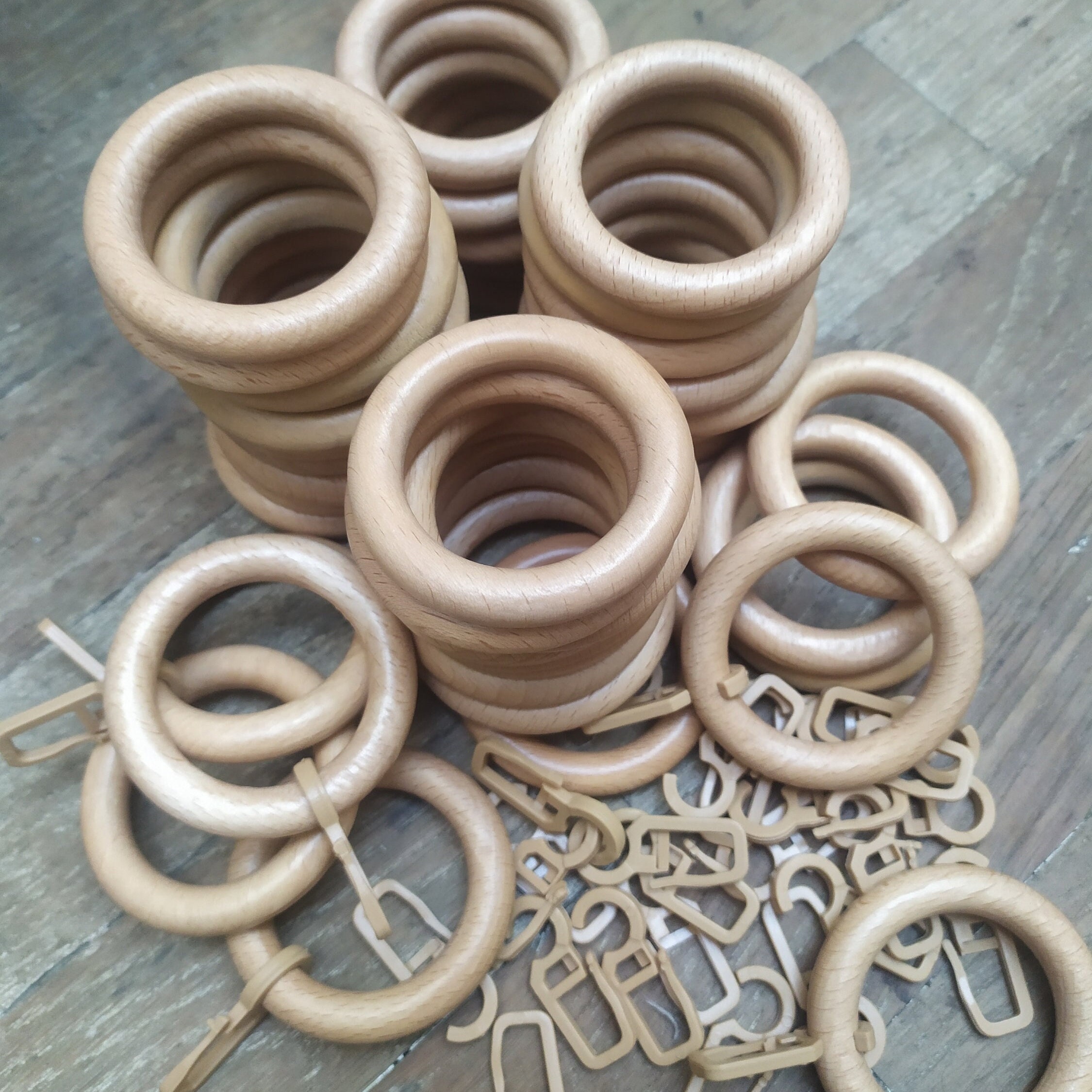 20 Piece 1.9 Wood Curtain Rings With Plastic Clips, Vintage Curtain ...
