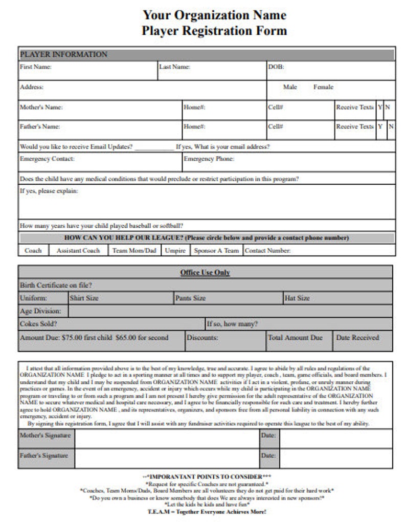 Player Registration Form Template, Baseball, Softball, Cheer, Soccer ...