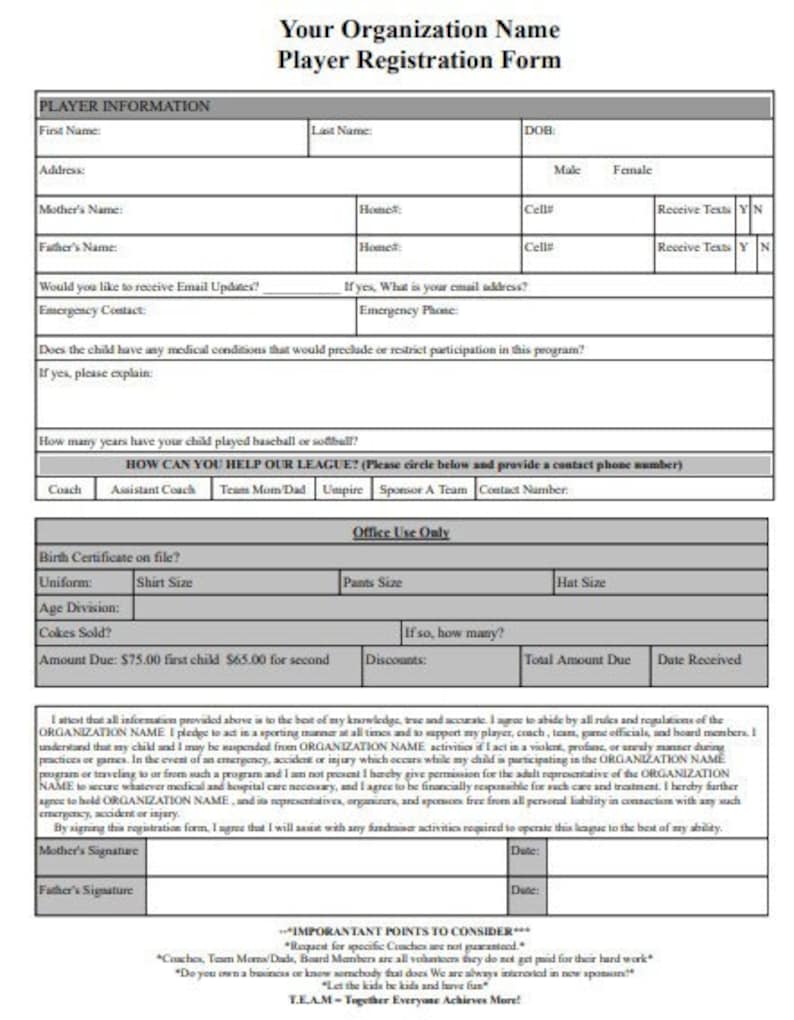 Player Registration Sign-up Template (baseball, Basketball, Football ...