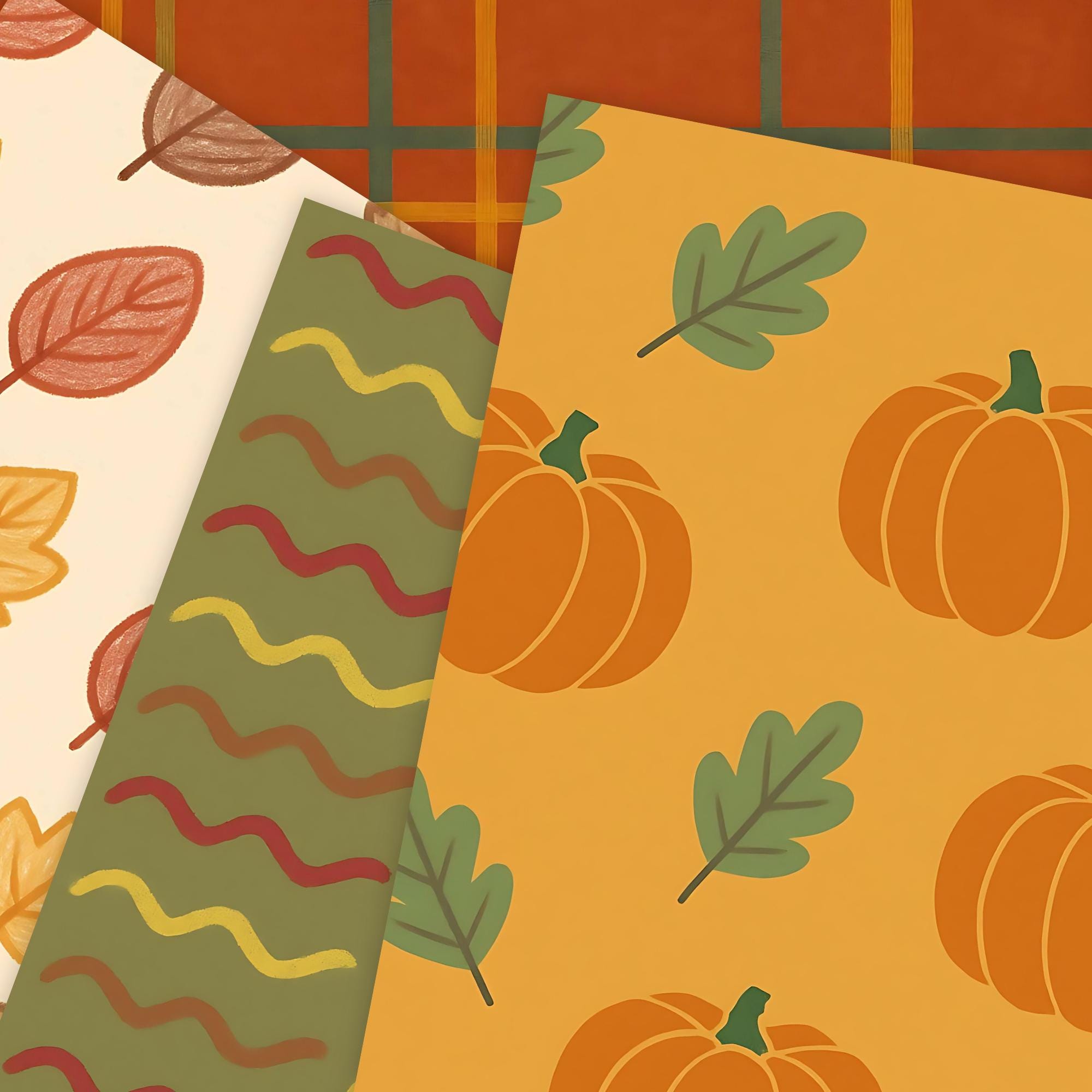 Autumn Fall Digital Paper Pack, Pumpkin & Leaf Seamless Patterns, Plaid ...