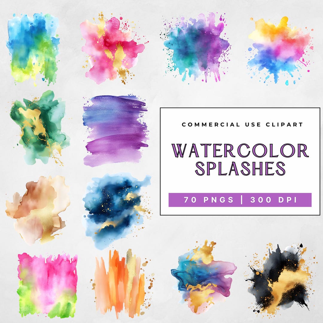 Watercolor Splash Clipart Bundle, Gold & Pastel Pngs, Vibrant Paint ...
