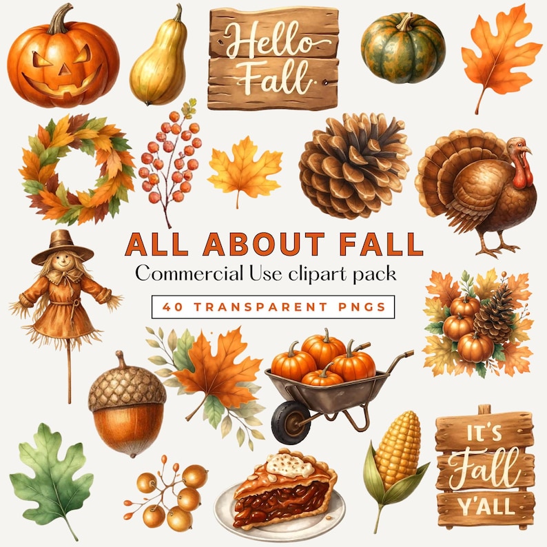 Hello Fall Clipart, Autumn Graphics Png, October Scrapbooking, Pumpkin ...