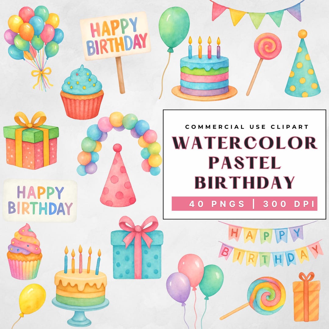 Watercolor Birthday Clipart Bundle: Pastel Party Decor (digital ...