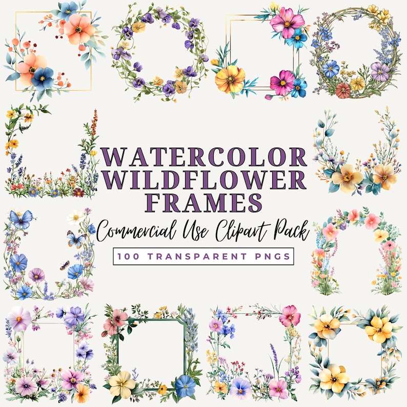 Watercolor Wildflower Clipart Frames: Floral Border PNG (100 ...