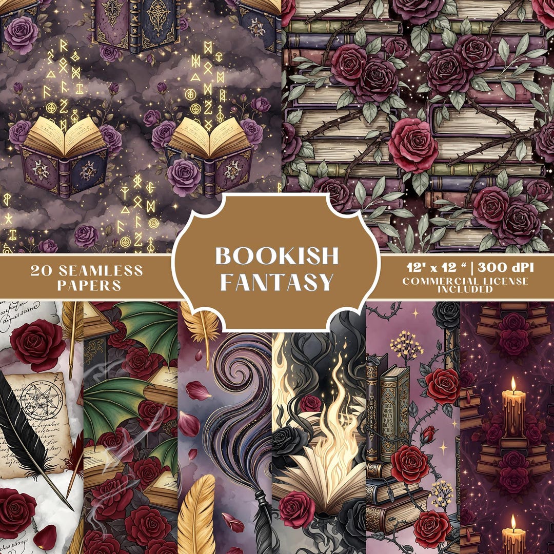 Bookish Romantasy Seamless Digital Paper, Dark Academia Fantasy ...