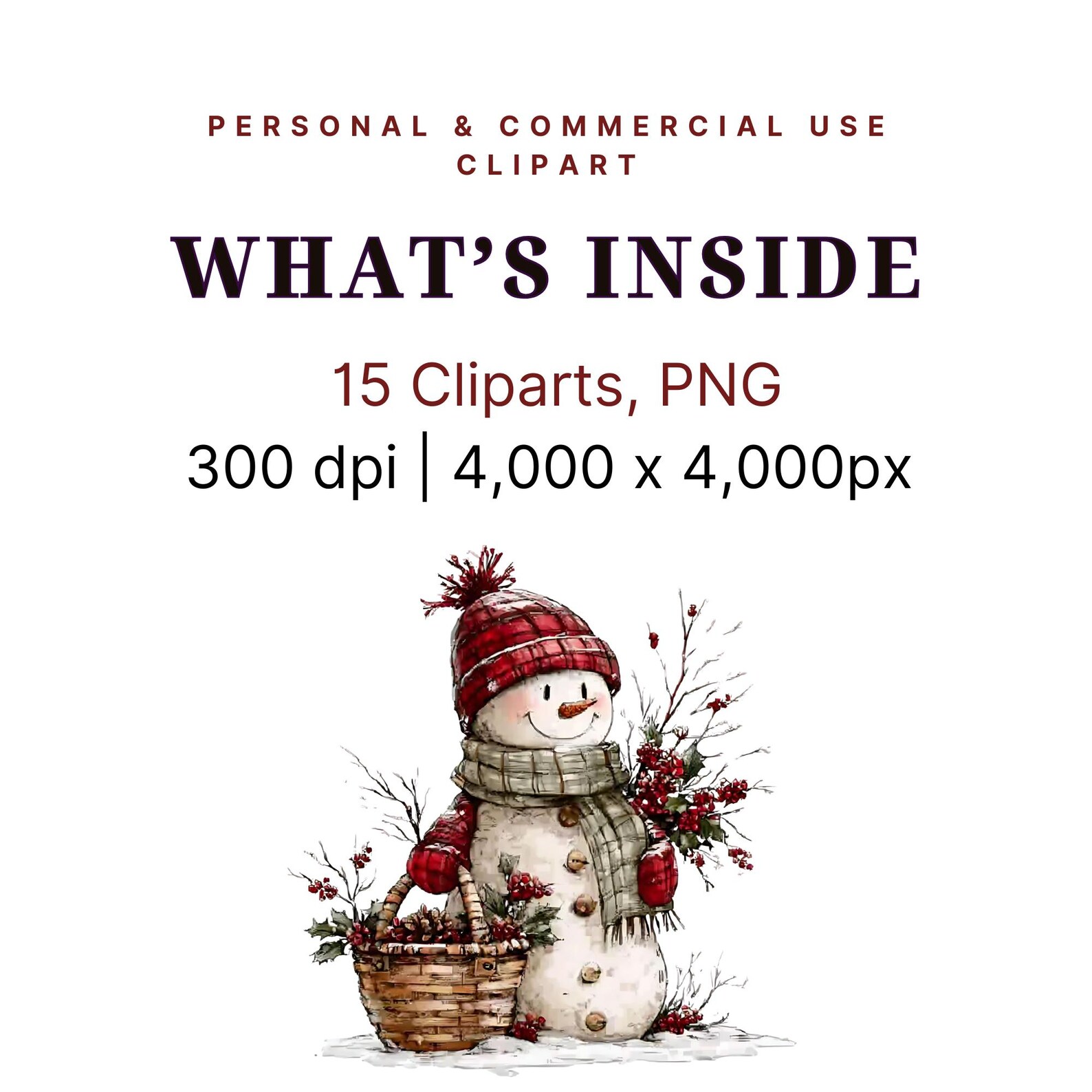 Vintage Christmas Snowman Clipart, 15 Watercolor Rustic Winter Holiday ...