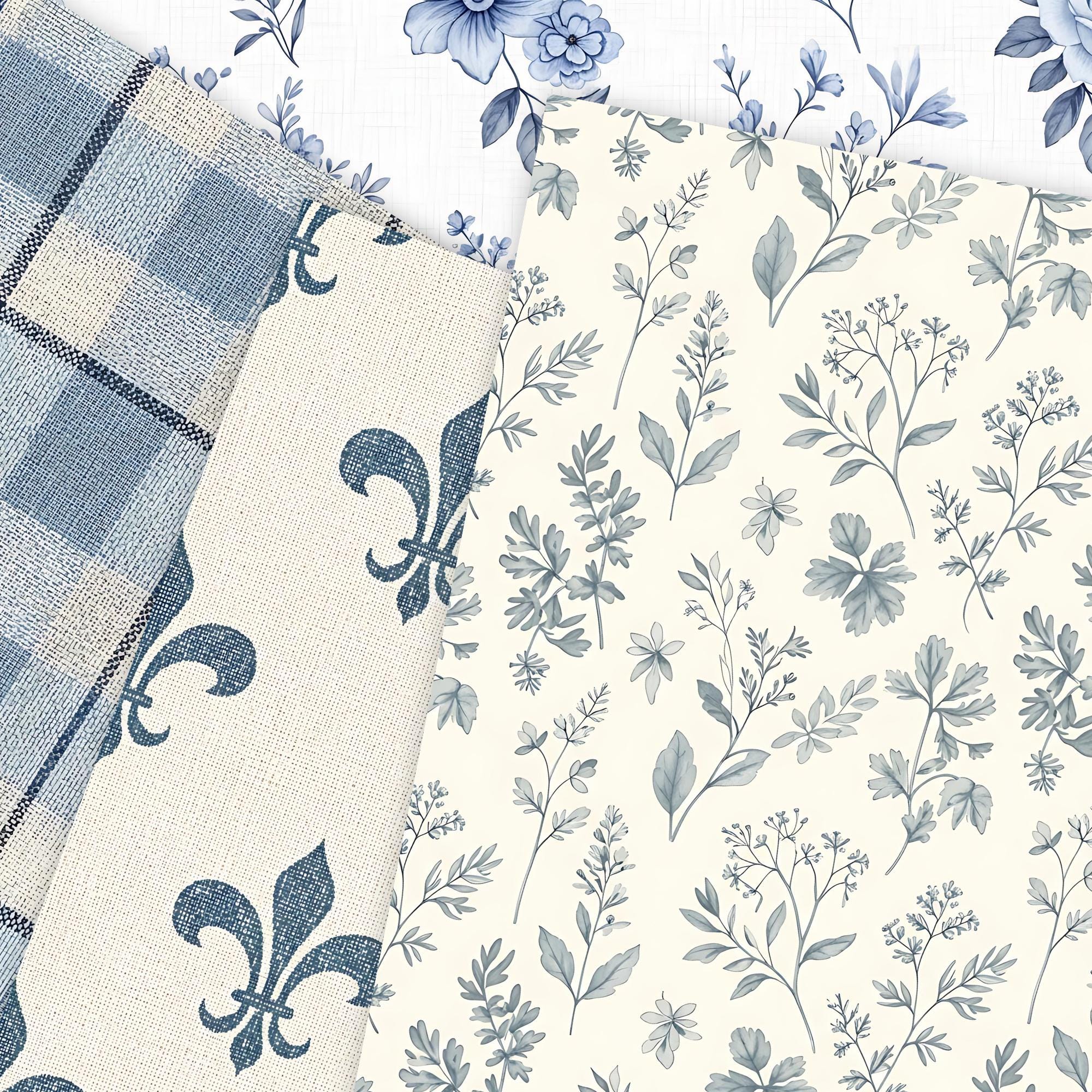 French Country Digital Paper Pack, Blue and White Seamless Toile ...