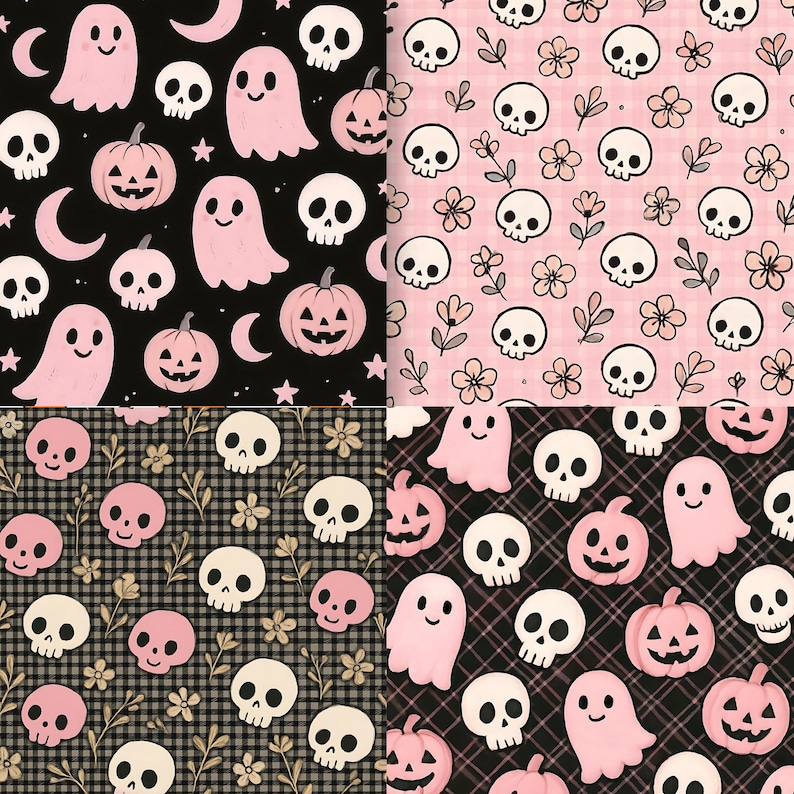 Pink Halloween Digital Paper Pack: Kawaii Ghosts & Skulls (12x12 JPG ...