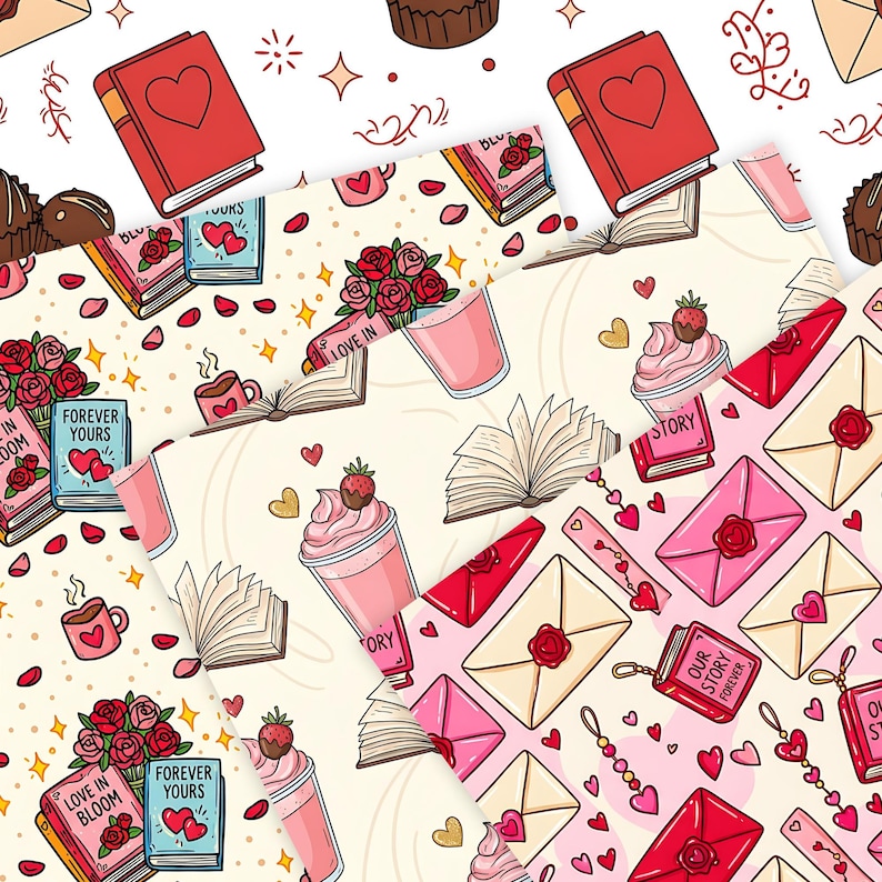 Whimsical Valentines Day Watercolor Scrapbook Paper Bundle, Hearts ...