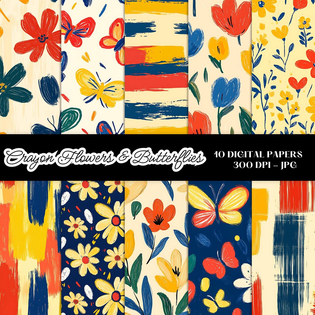 Crayon Butterflies & Flowers Digital Paper, Bright Spring Floral ...
