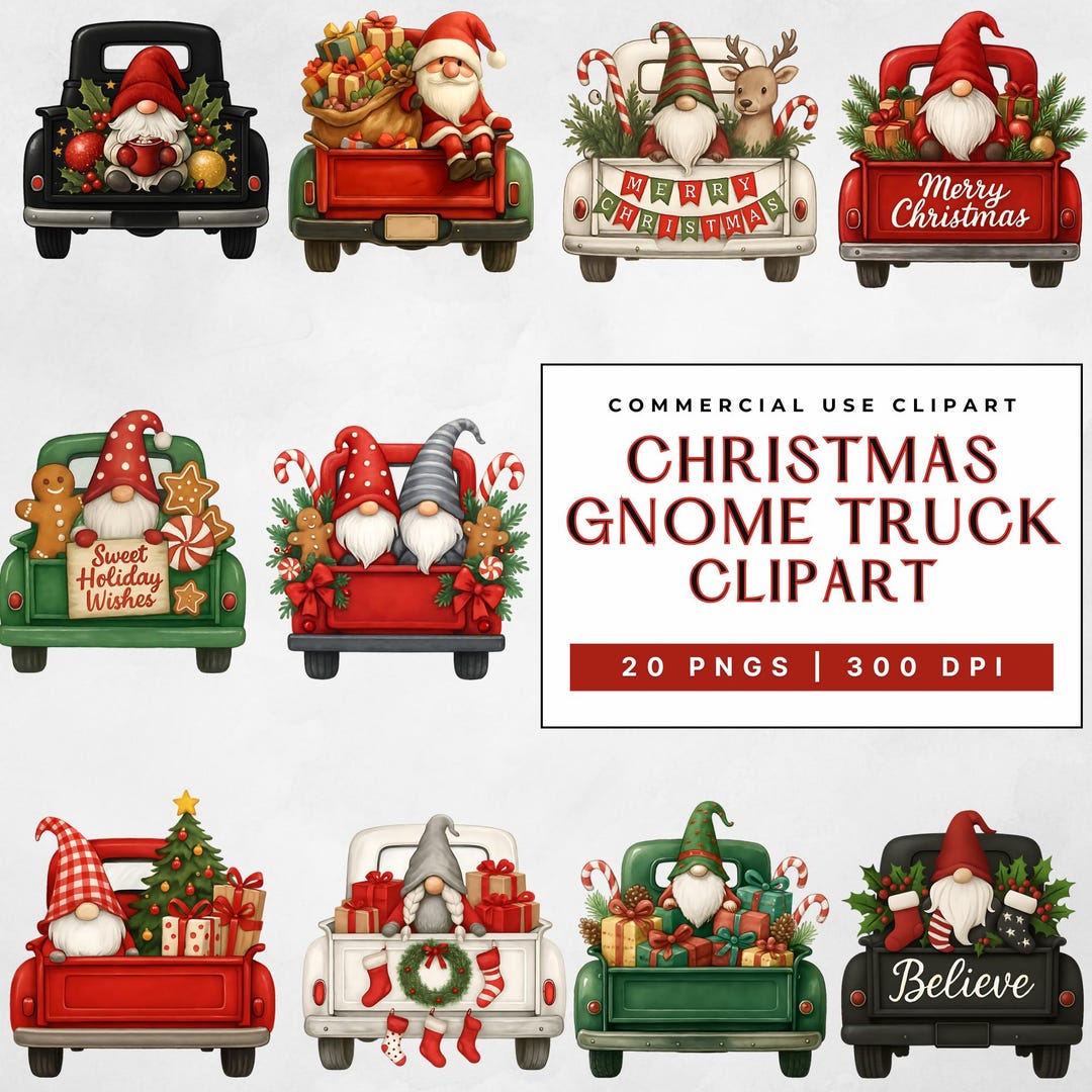 Watercolor Christmas Gnome Truck Clipart Bundle: PNG Graphics ...