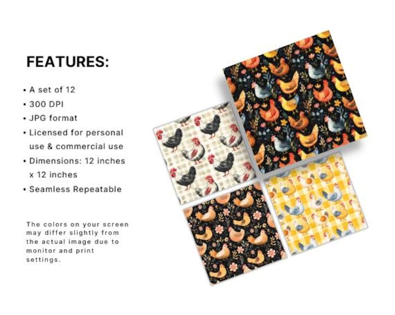 Chicken Pattern Seamless Digital Paper, Farm Roosters Pattern ...