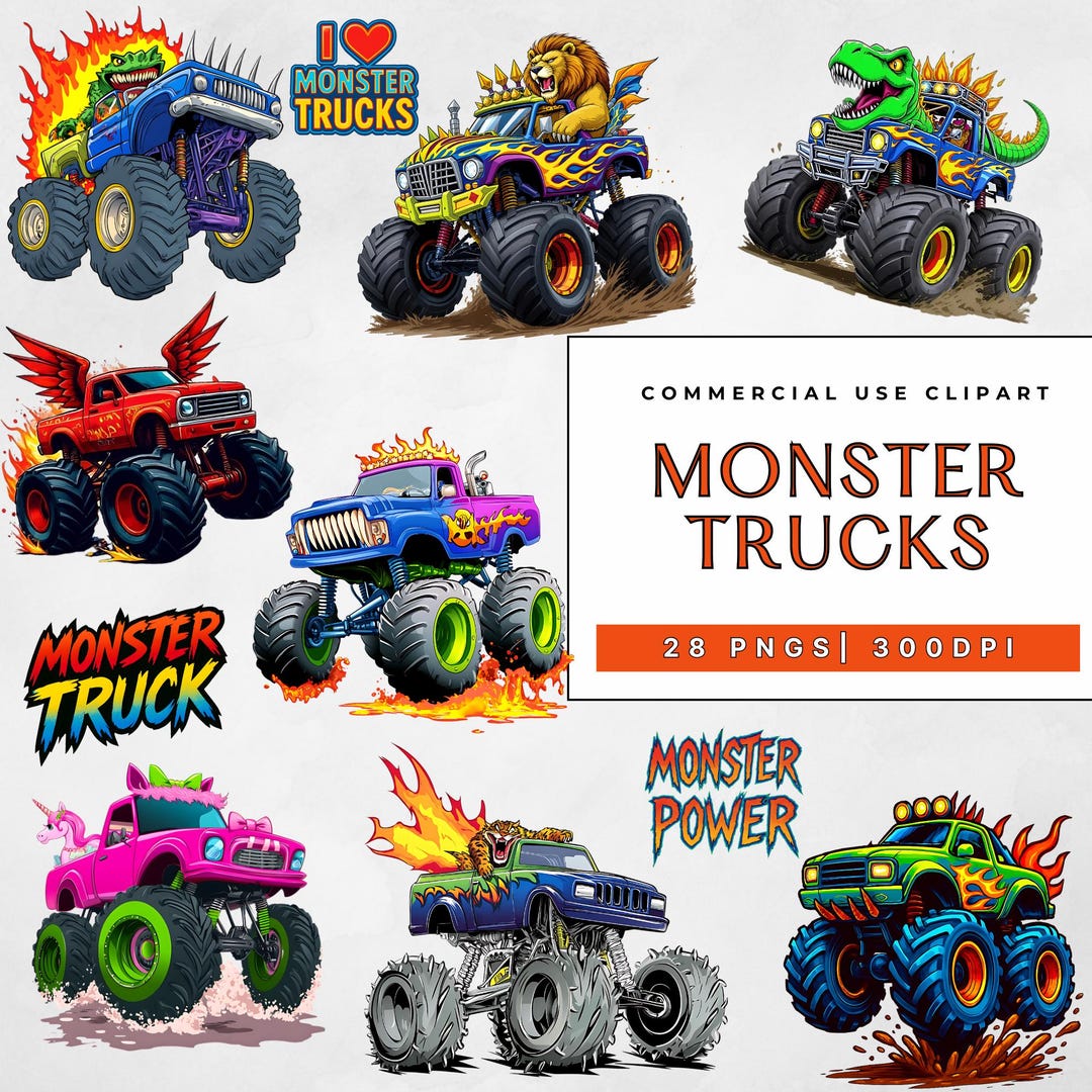 Monster Truck Clipart Bundle, 28 Kids Monster Trucks With Animals ...
