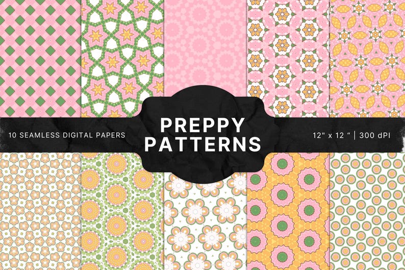Pink & Green Digital Paper Pack: Preppy Floral Patterns (digital ...