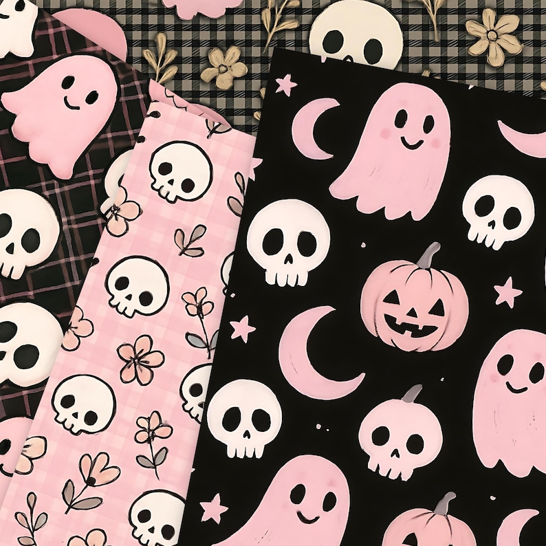 Pink Halloween Digital Paper Pack: Kawaii Ghosts & Skulls (12x12 JPG ...