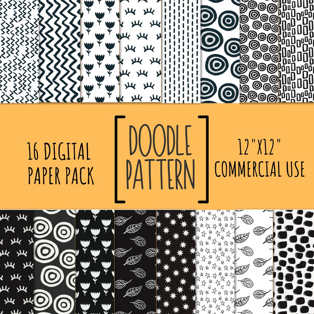 Black & White Digital Paper Pack, Scandinavian Doodle Patterns, Digital ...