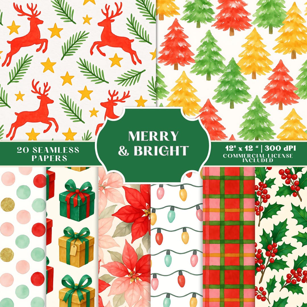 Watercolor Christmas Seamless Paper Bundle of 20, Watercolor Bright ...
