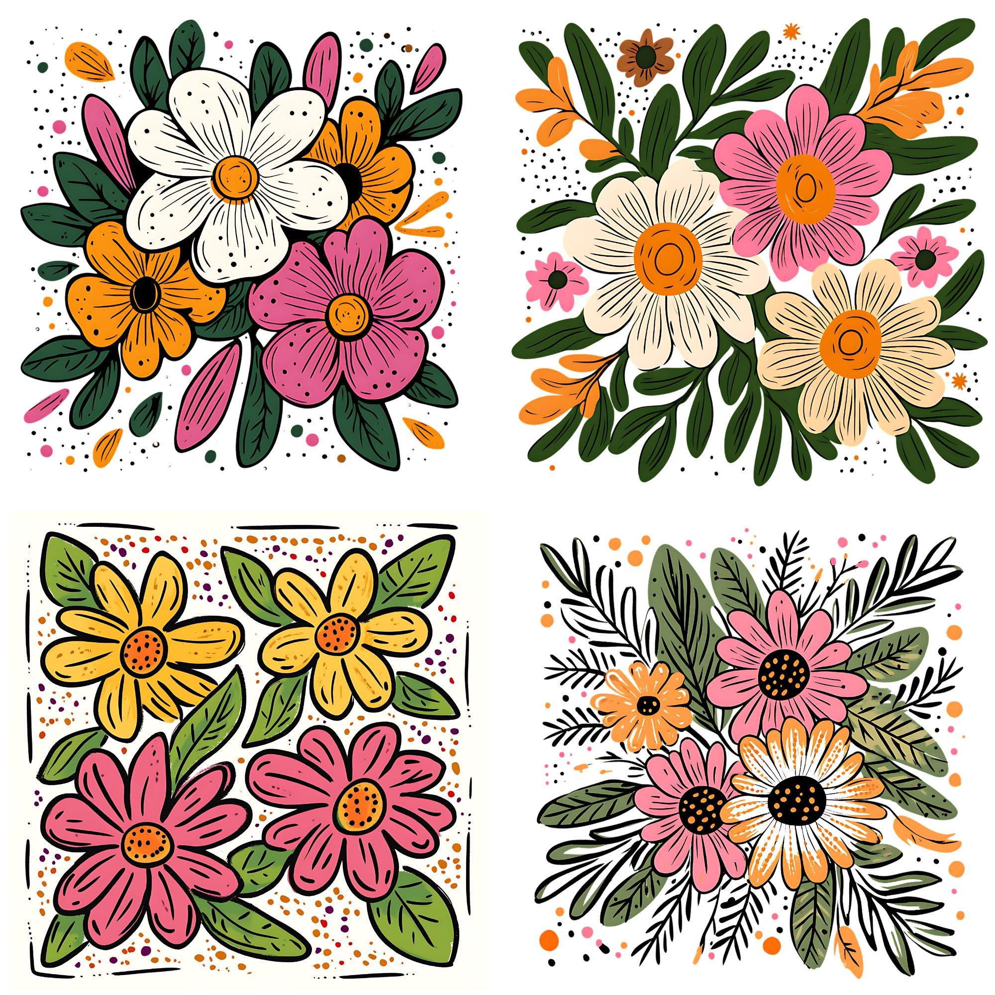 70s Retro Flower Clipart Bundle: Boho Floral Pngs for Sublimation ...