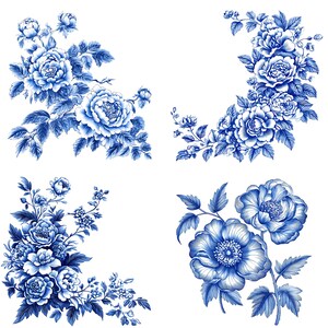 Chinoiserie Vintage Floral Clipart PNG Bundle, Blue Porcelain Flower ...