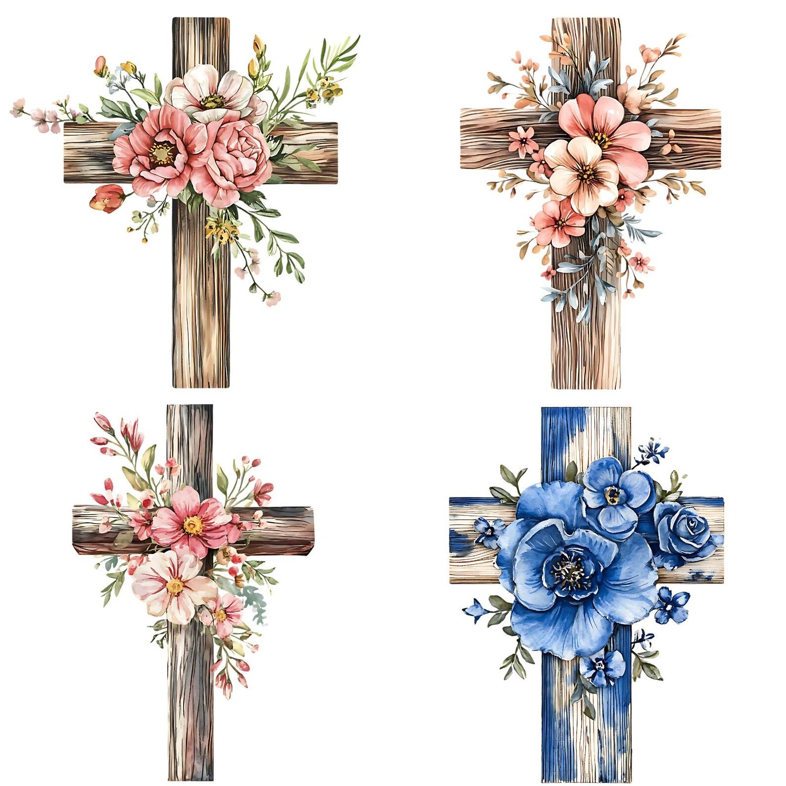 Watercolor Floral Cross Clipart, Wooden Cross Religious Printable ...