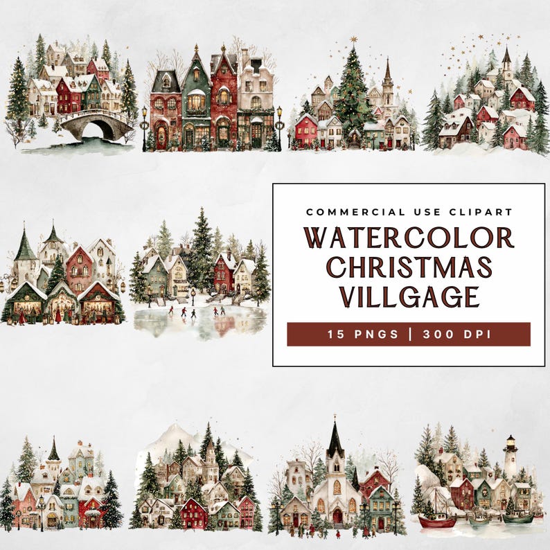 Christmas Village Watercolor Clipart Bundle, 15 PNG Scenes, Festive ...