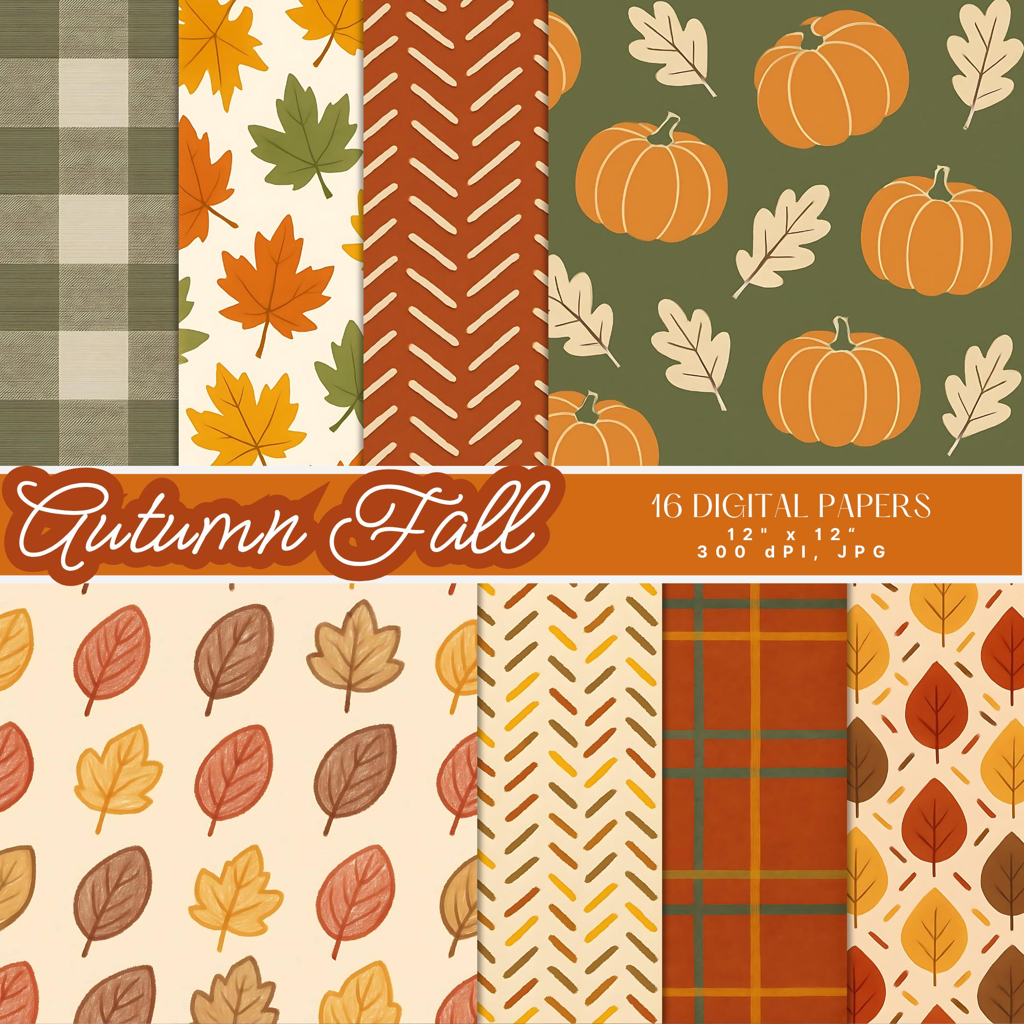 Autumn Fall Digital Paper Pack, Pumpkin & Leaf Seamless Patterns, Plaid ...