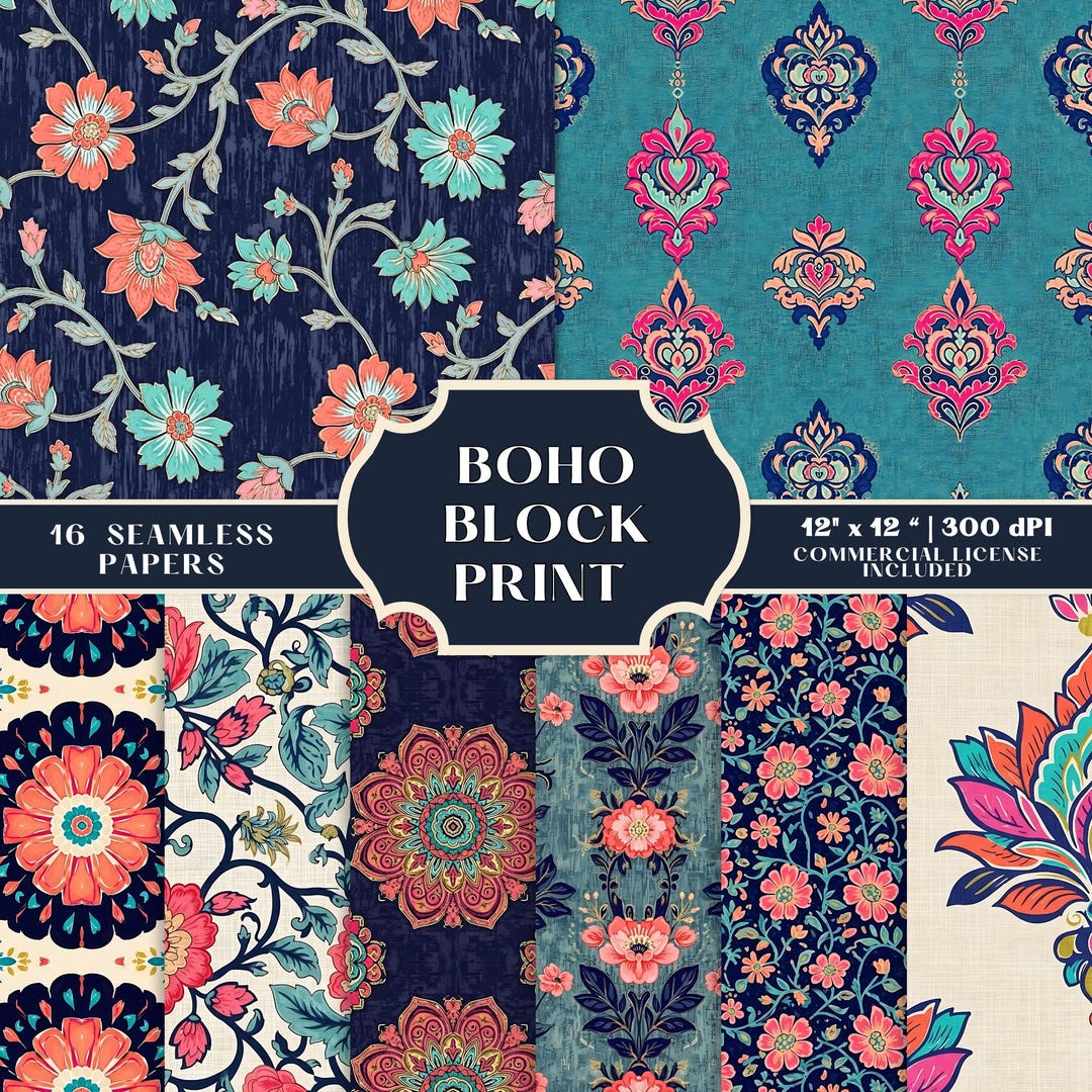 Boho Block Print Digital Paper Seamless Bundle, Navy Coral Teal Mandala ...