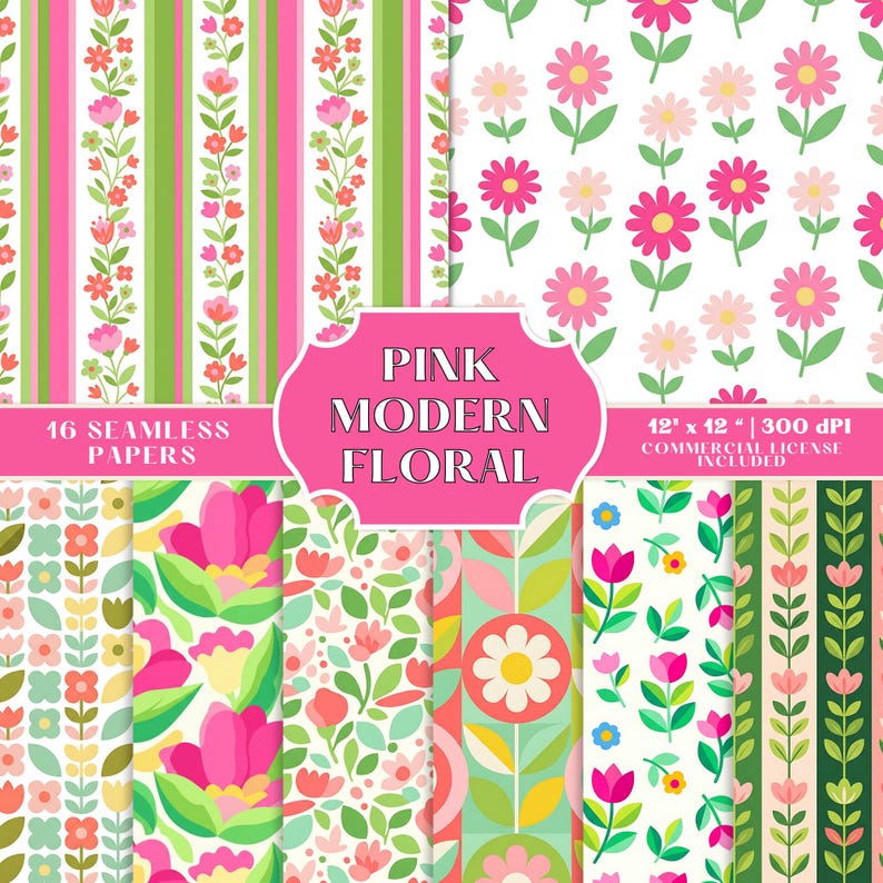 Modern Pink Floral Seamless Digital Paper, Folk Art Flower Scrapbook ...