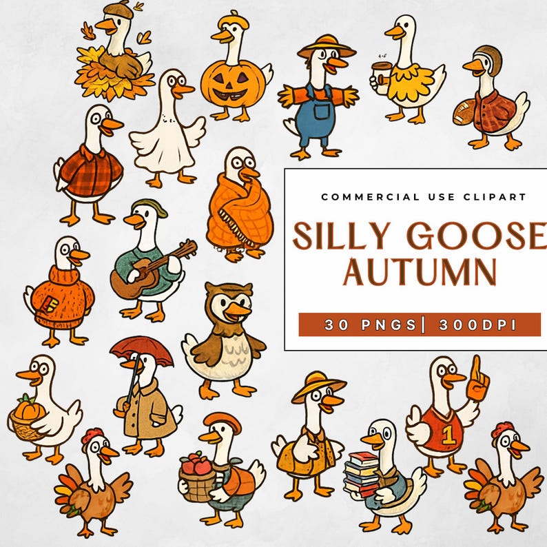 Funny Fall Goose Clipart Bundle: Autumn PNG Graphics (commercial Use ...