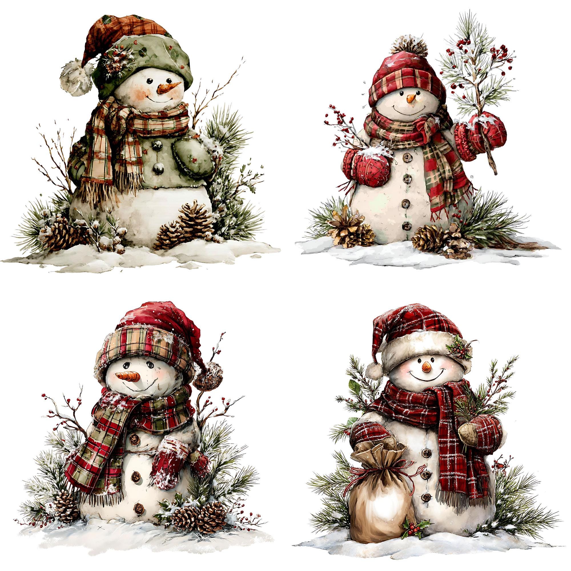 Vintage Christmas Snowman Clipart, 15 Watercolor Rustic Winter Holiday ...