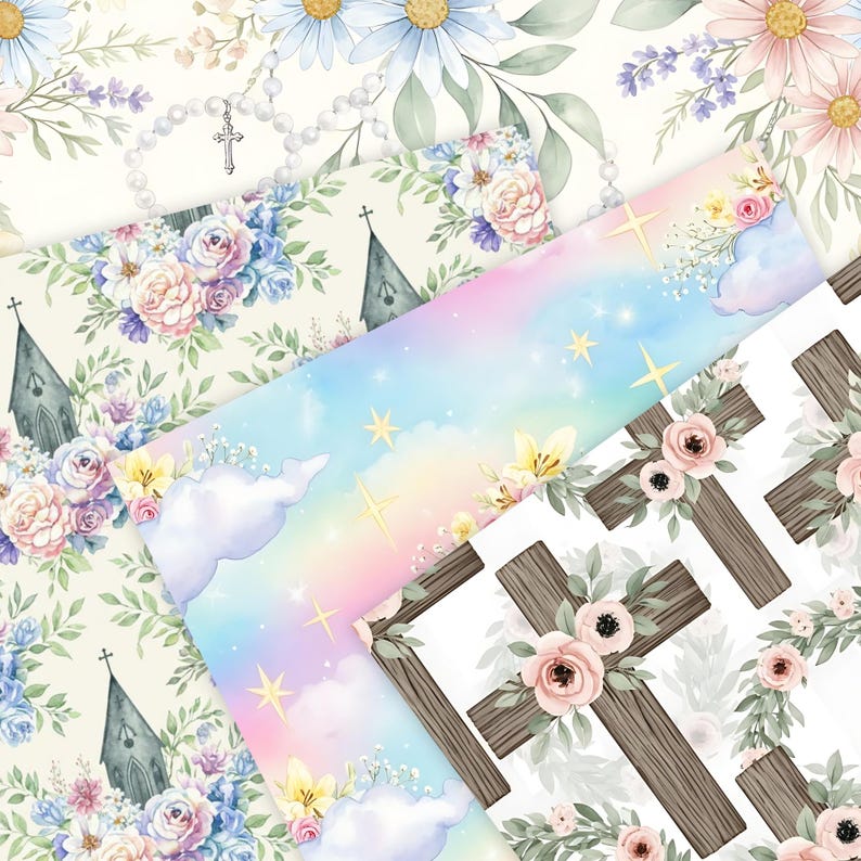 Christian Seamless Digital Paper Pack, 12 Faith Backgrounds Floral ...