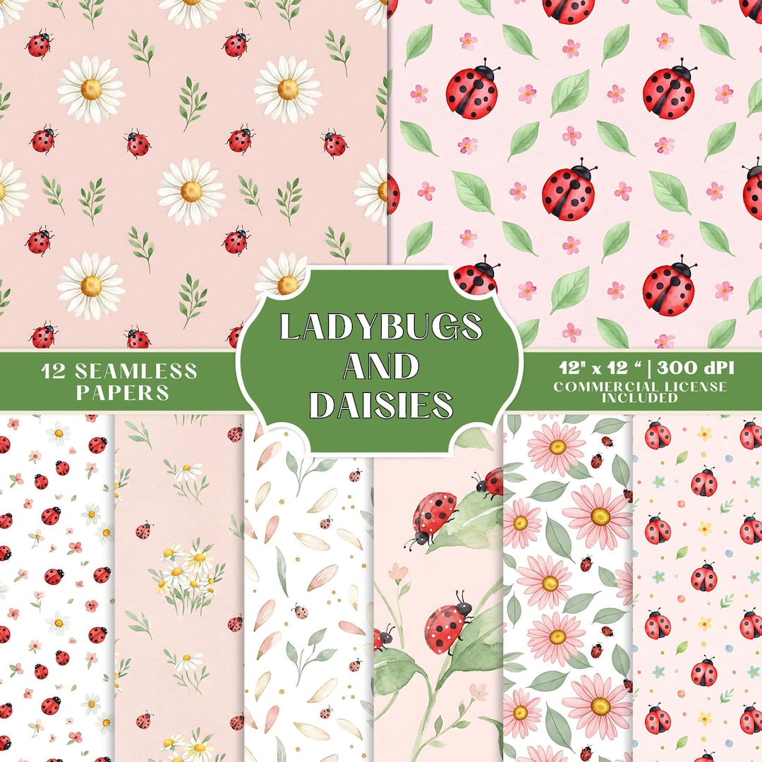 Ladybug Daisy Floral Seamless Pattern Bundle, Spring Bug Digital ...