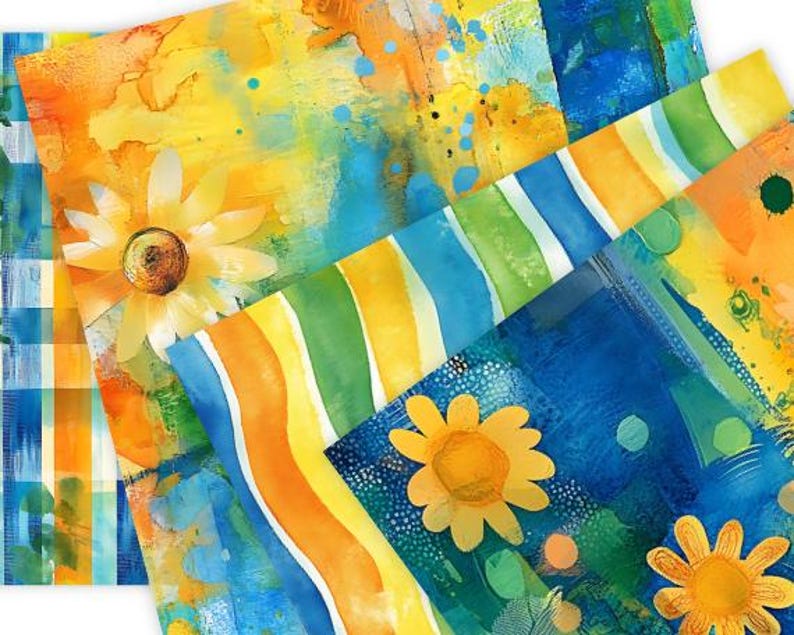 Spring Flower Digital Papers, Blue Summer Floral Watercolor Scrapbook ...