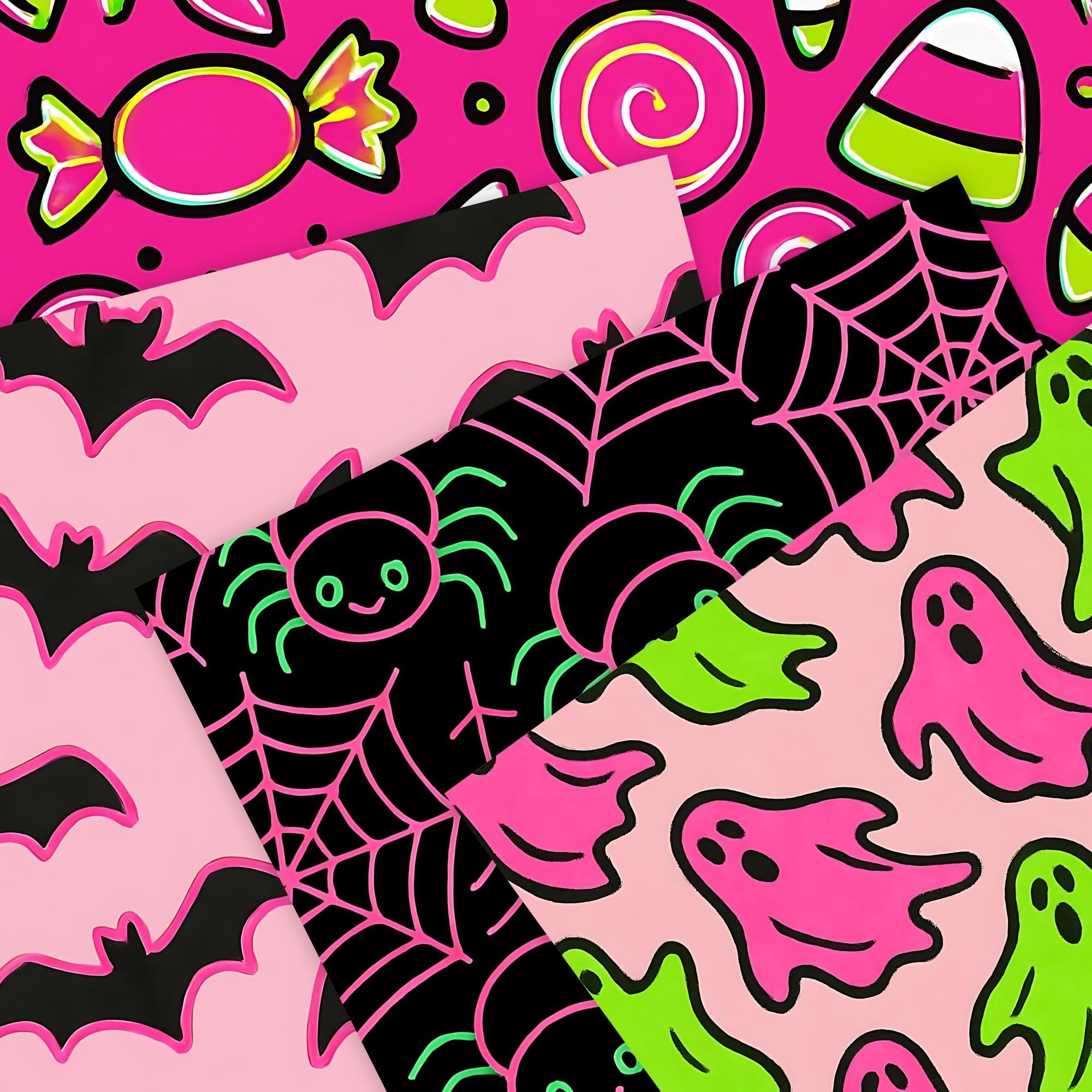 Neon Halloween Digital Paper Pack, Cute Spooky Ghosts, Skulls, Bats ...