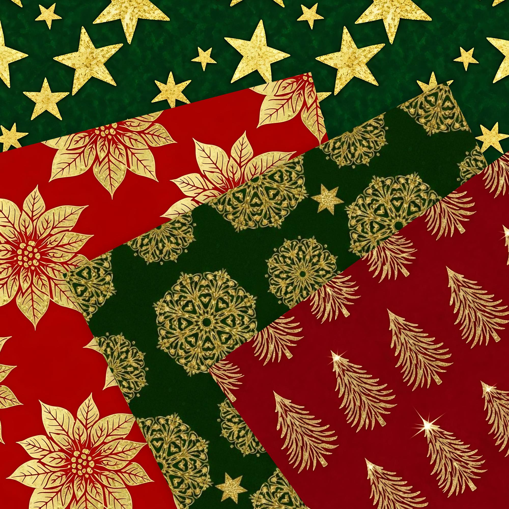 Classic Christmas Digital Paper, Red Green Gold Foil Seamless Patterns ...