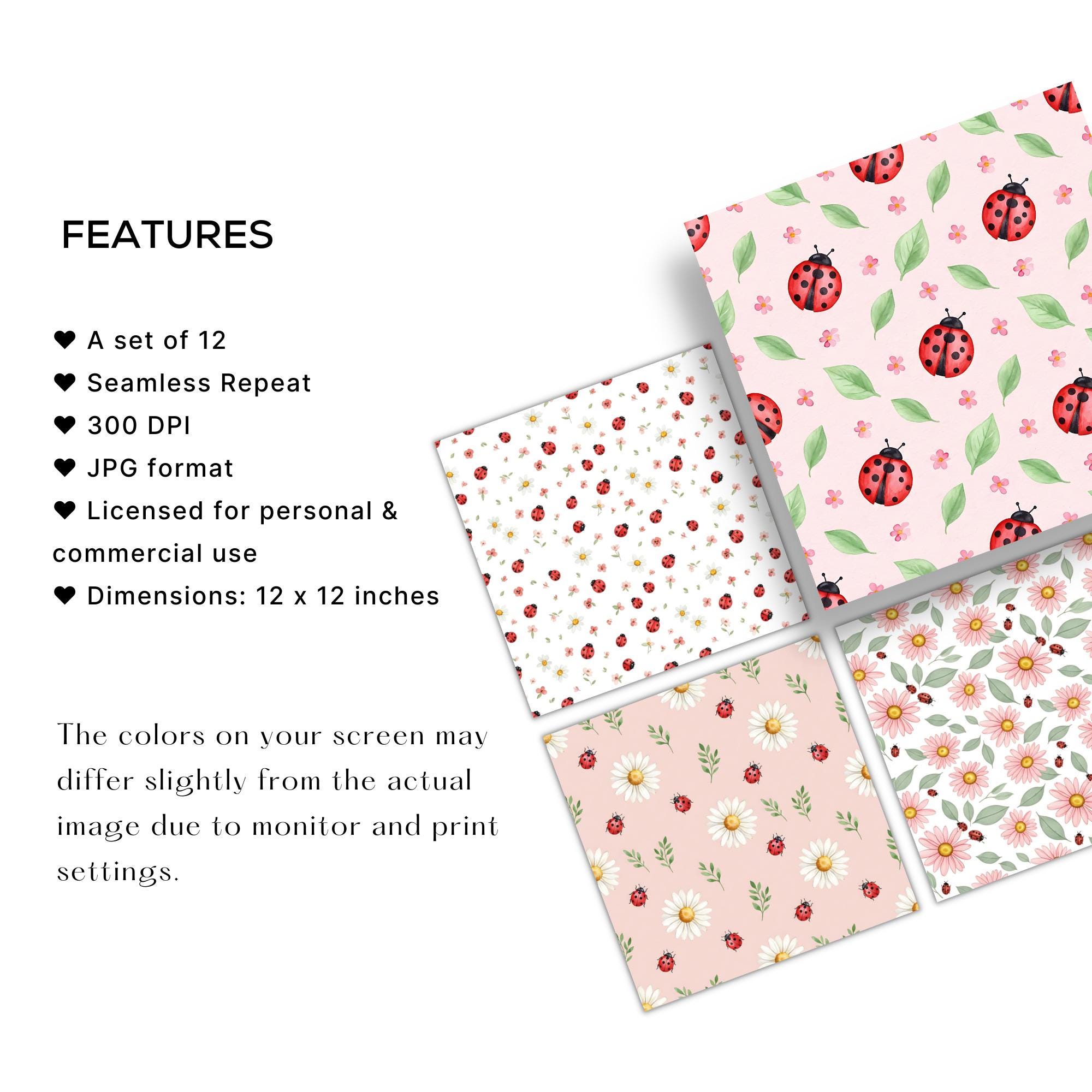 Ladybug Daisy Floral Seamless Pattern Bundle, Spring Bug Digital ...