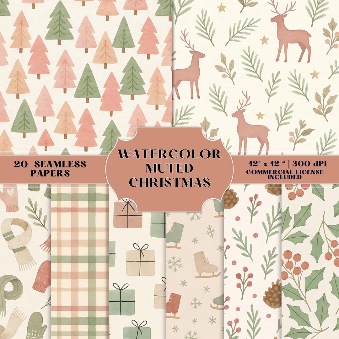 Watercolor Muted Seamless Christmas Digital Paper, Neutral Holiday ...
