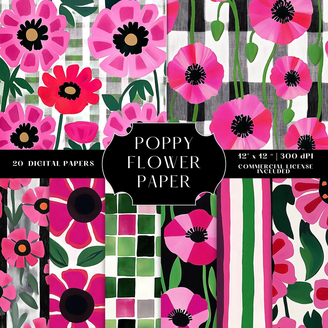 Hot Pink Poppy Digital Paper Pack, Bold Floral Pattern Jpgs, 12x12 ...