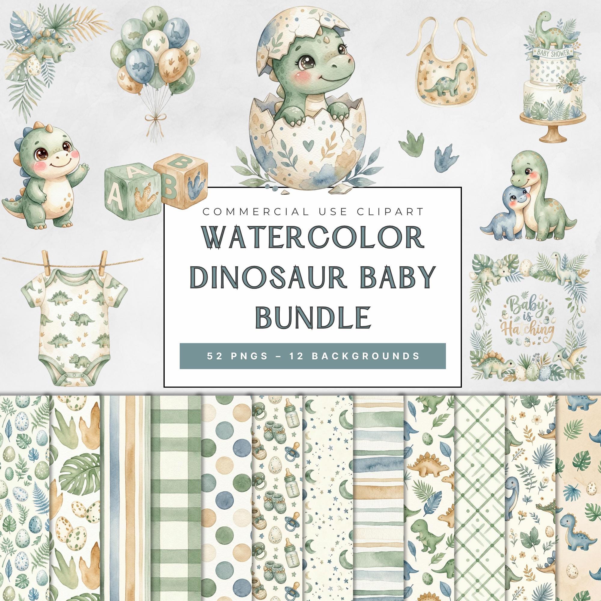Watercolor Dinosaur Baby Clipart Paper Bundle, Prehistoric Baby Shower ...