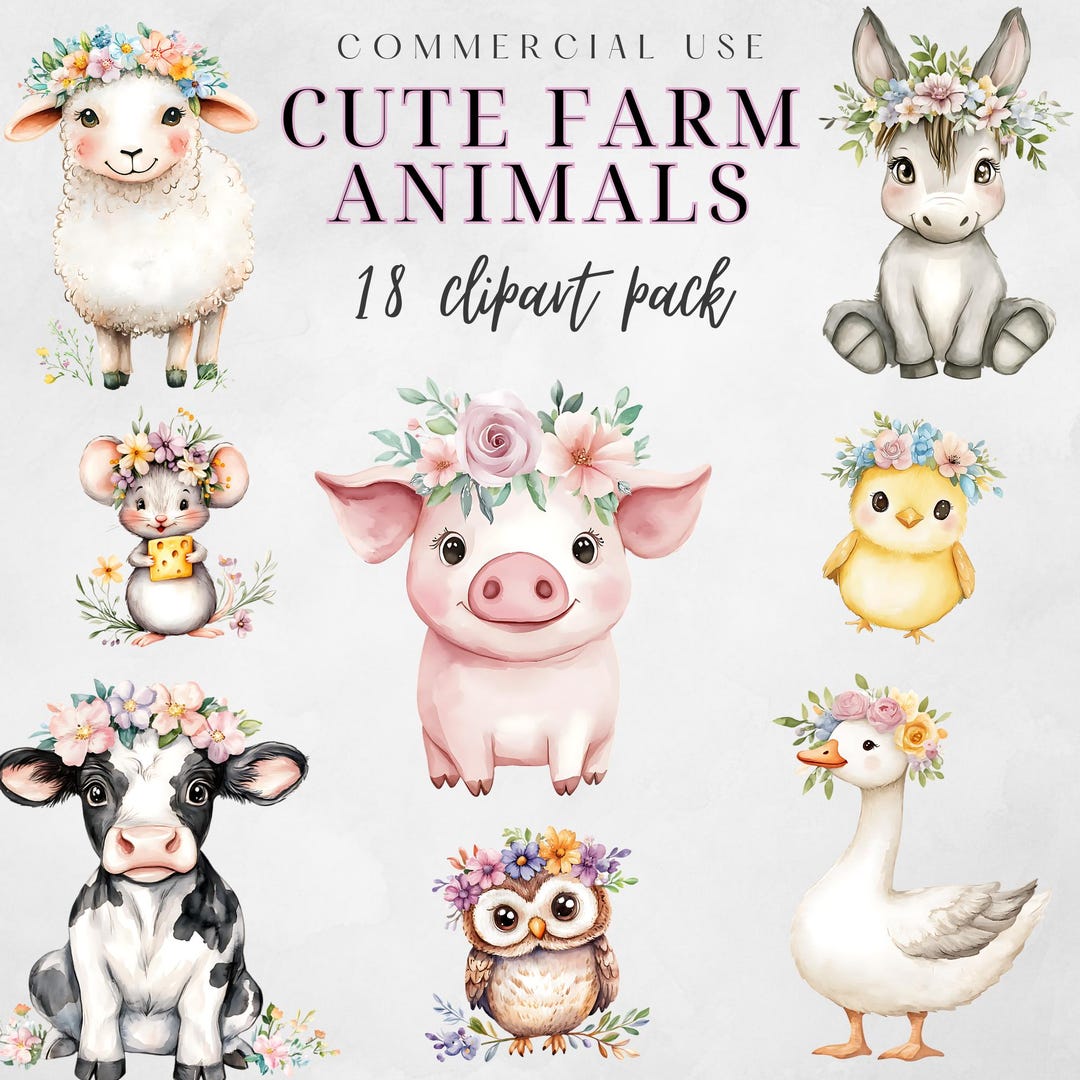 Cute Farm Animals Watercolor Clipart Bundle, Cartoon Nursery Barn Horse ...