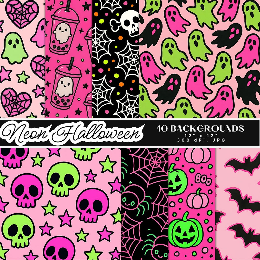Neon Halloween Digital Paper Pack, Cute Spooky Ghosts, Skulls, Bats ...