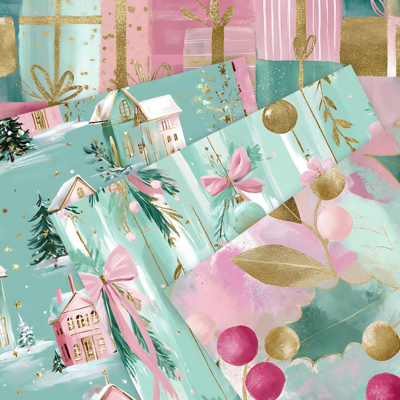 Preppy Pink & Mint Christmas Digital Paper Bundle, 12 Seamless Holiday ...