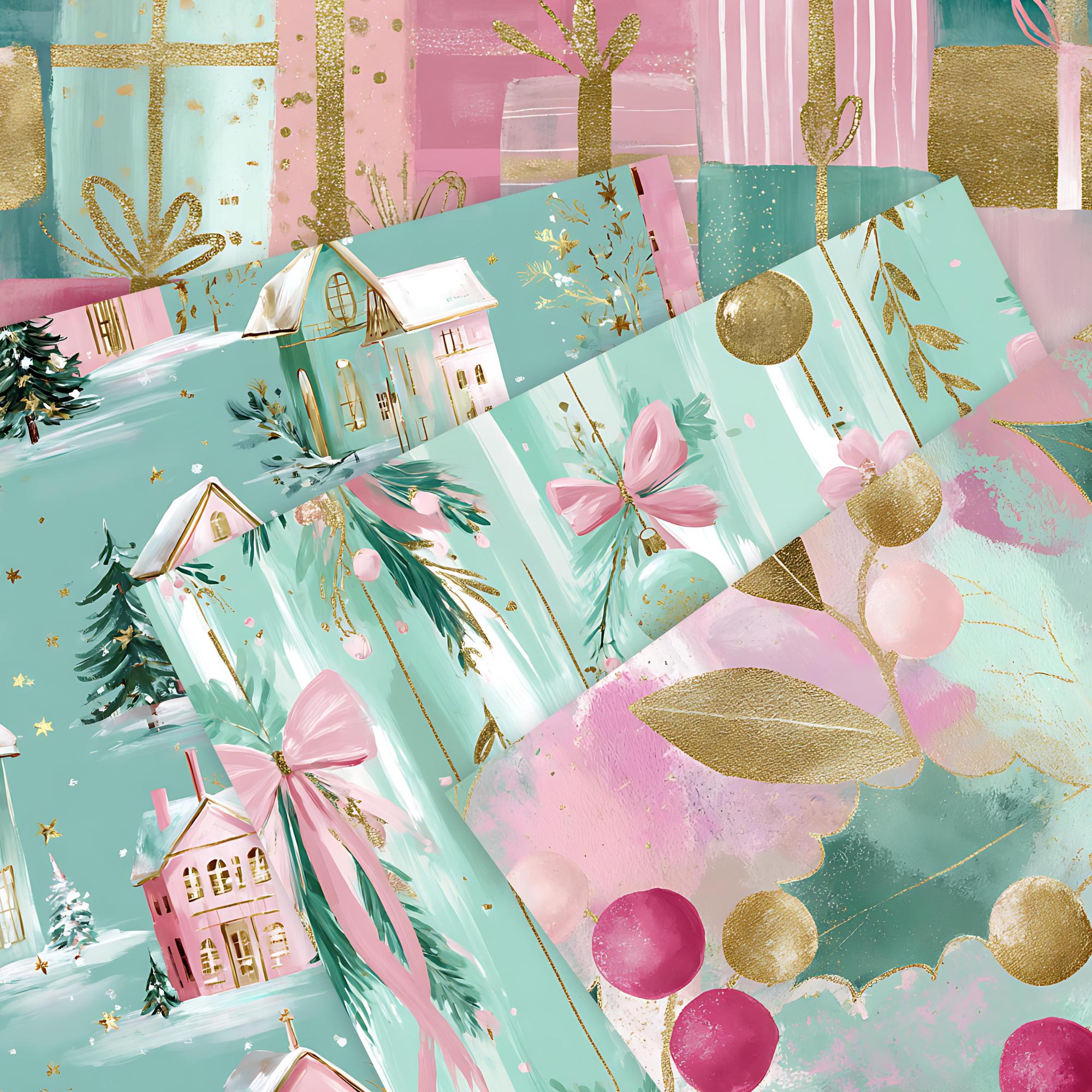 Preppy Pink & Mint Christmas Digital Paper Bundle, 12 Seamless Holiday ...