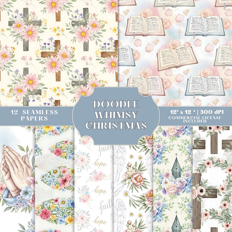 Christian Seamless Digital Paper Pack, 12 Faith Backgrounds Floral ...