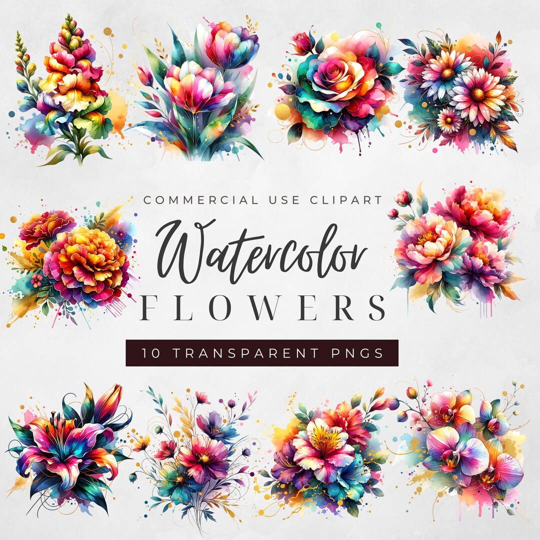 Watercolor Flowers Clipart Pack, Vivid Abstract Floral Elements Bouquet ...
