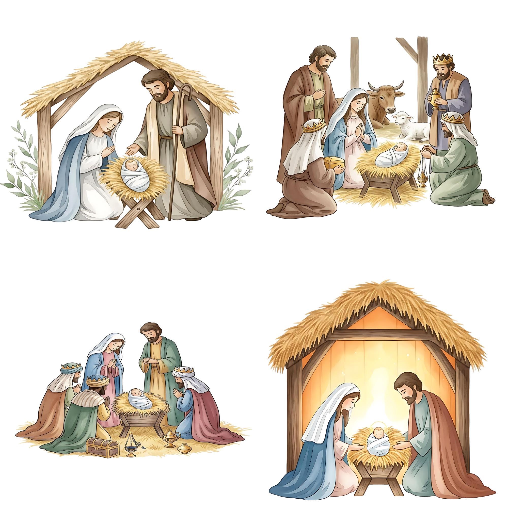 Nativity Scene Clipart Bundle, 16 Watercolor Christmas Pngs, Holy ...