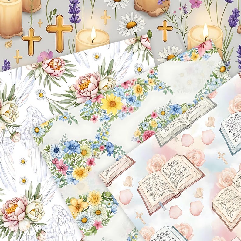 Christian Seamless Digital Paper Pack, 12 Faith Backgrounds Floral ...