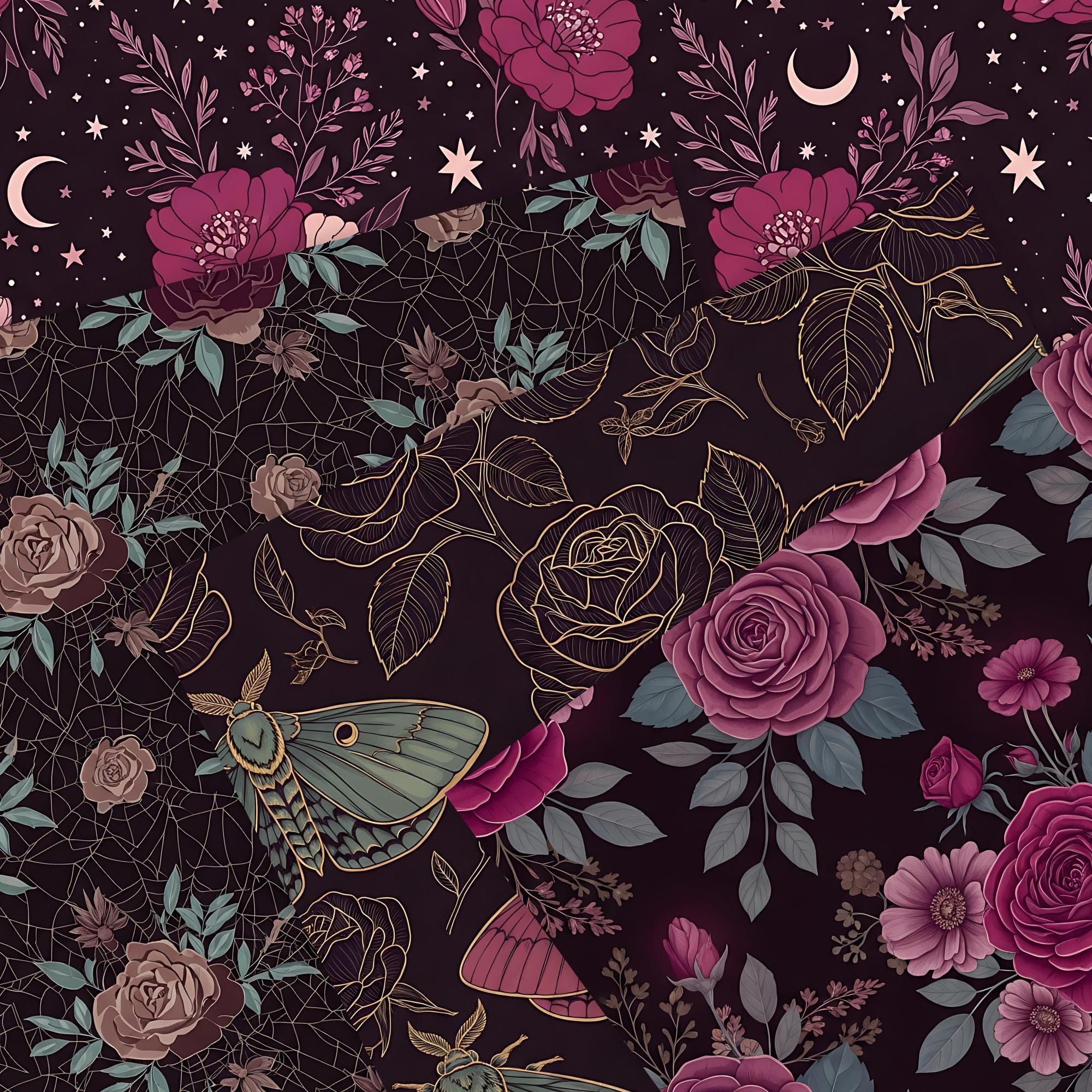 Gothic Floral Moth Seamless Digital Paper, Dark Academia Scrapbook ...